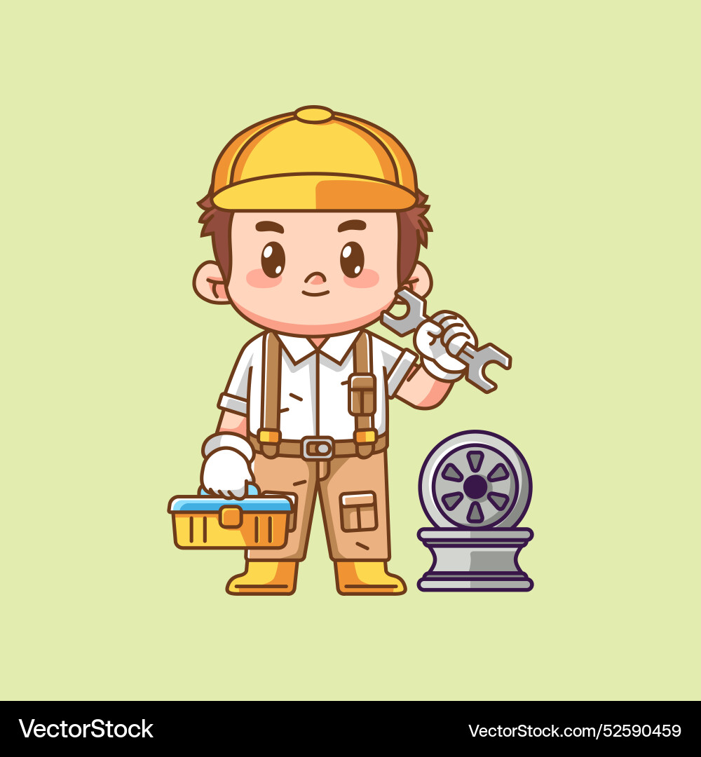 Cute mechanic carry tool at workshop kawaii chibi Vector Image