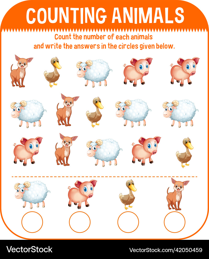 Worksheet design for counting animals Royalty Free Vector