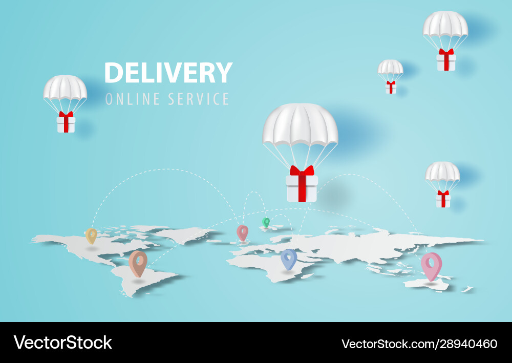 Parachute gift box floating on map location Vector Image