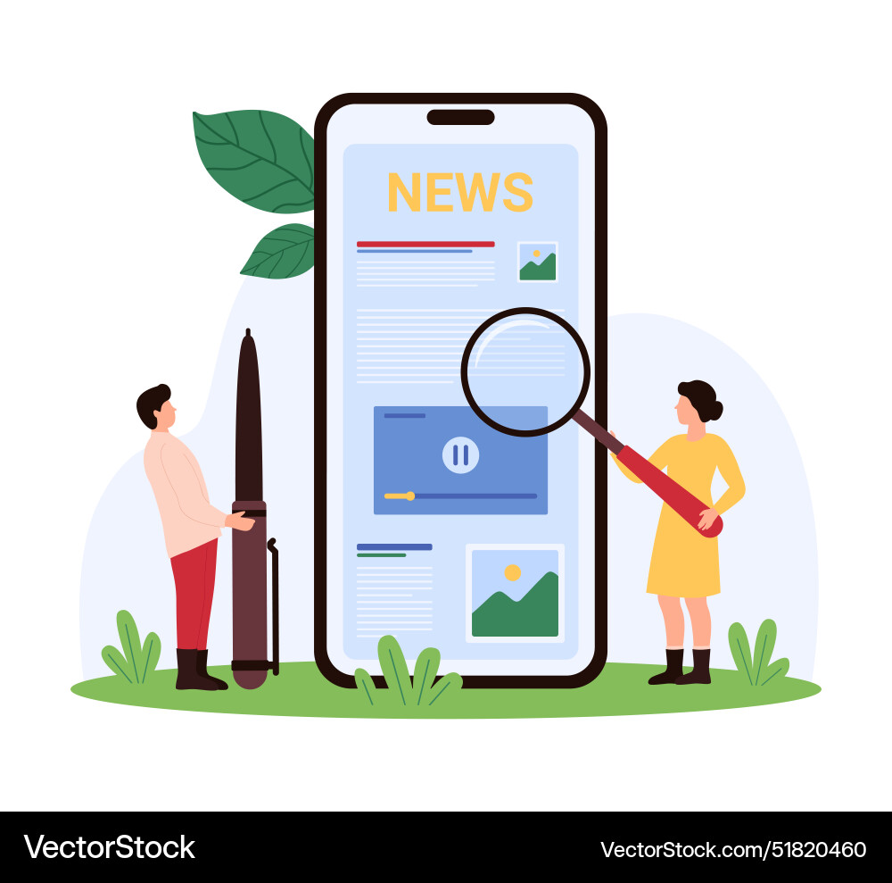 Reading news online by tiny people with magnifying