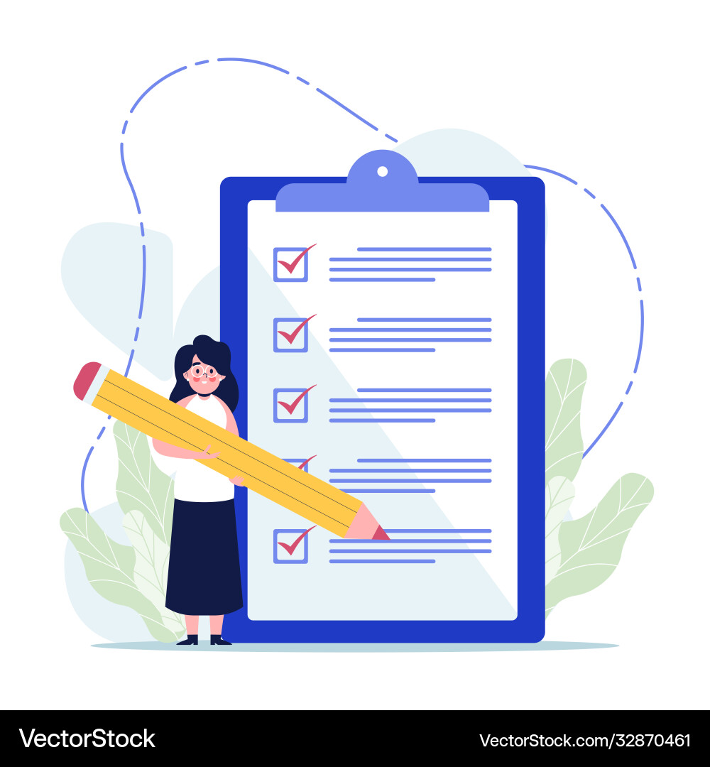Smart girl standing at giant check list Royalty Free Vector