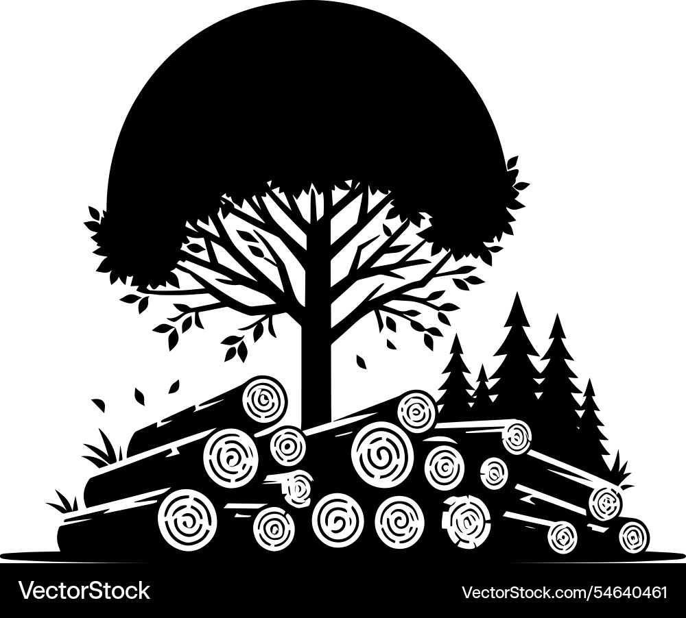 Wood log stack and trees silhouette isolated Vector Image