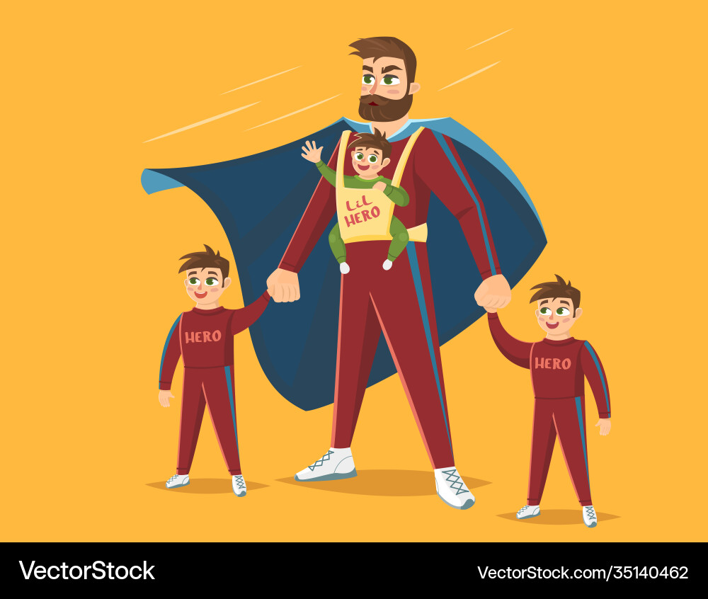 Super dad with his three children Royalty Free Vector Image