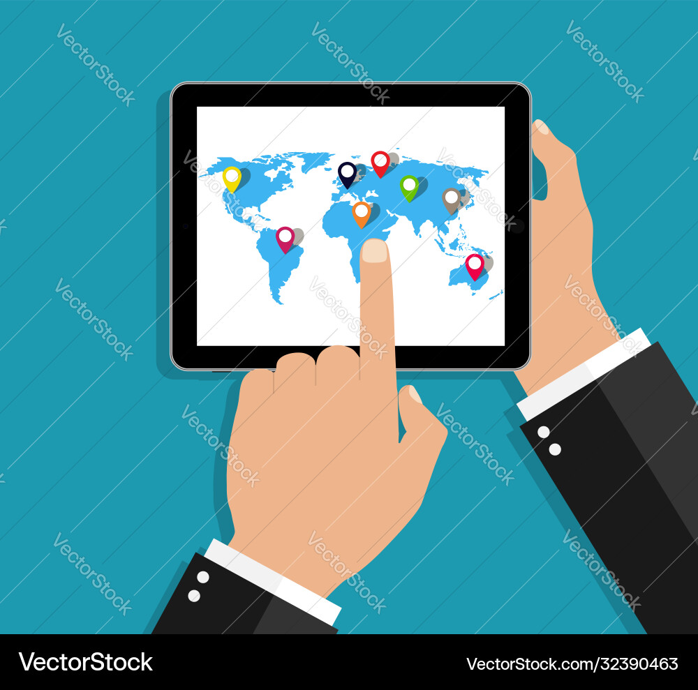 World map in tablet hand hold pc with earth Vector Image