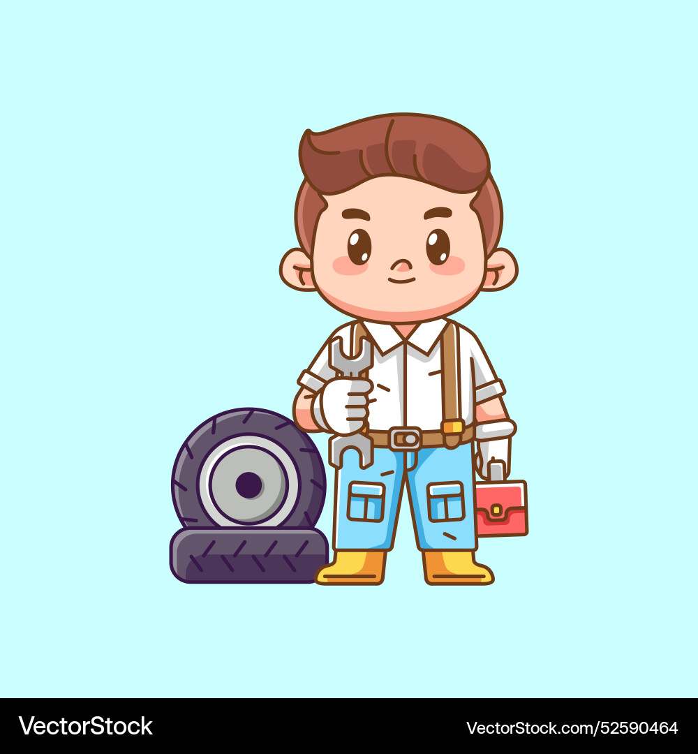 Cute mechanic ready with tool at workshop kawaii Vector Image