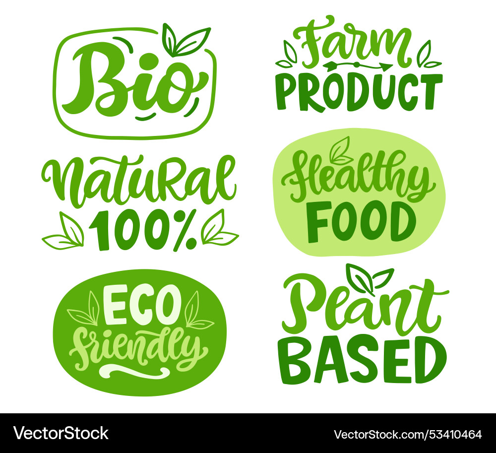 Eco friendly organic food lettering set Royalty Free Vector