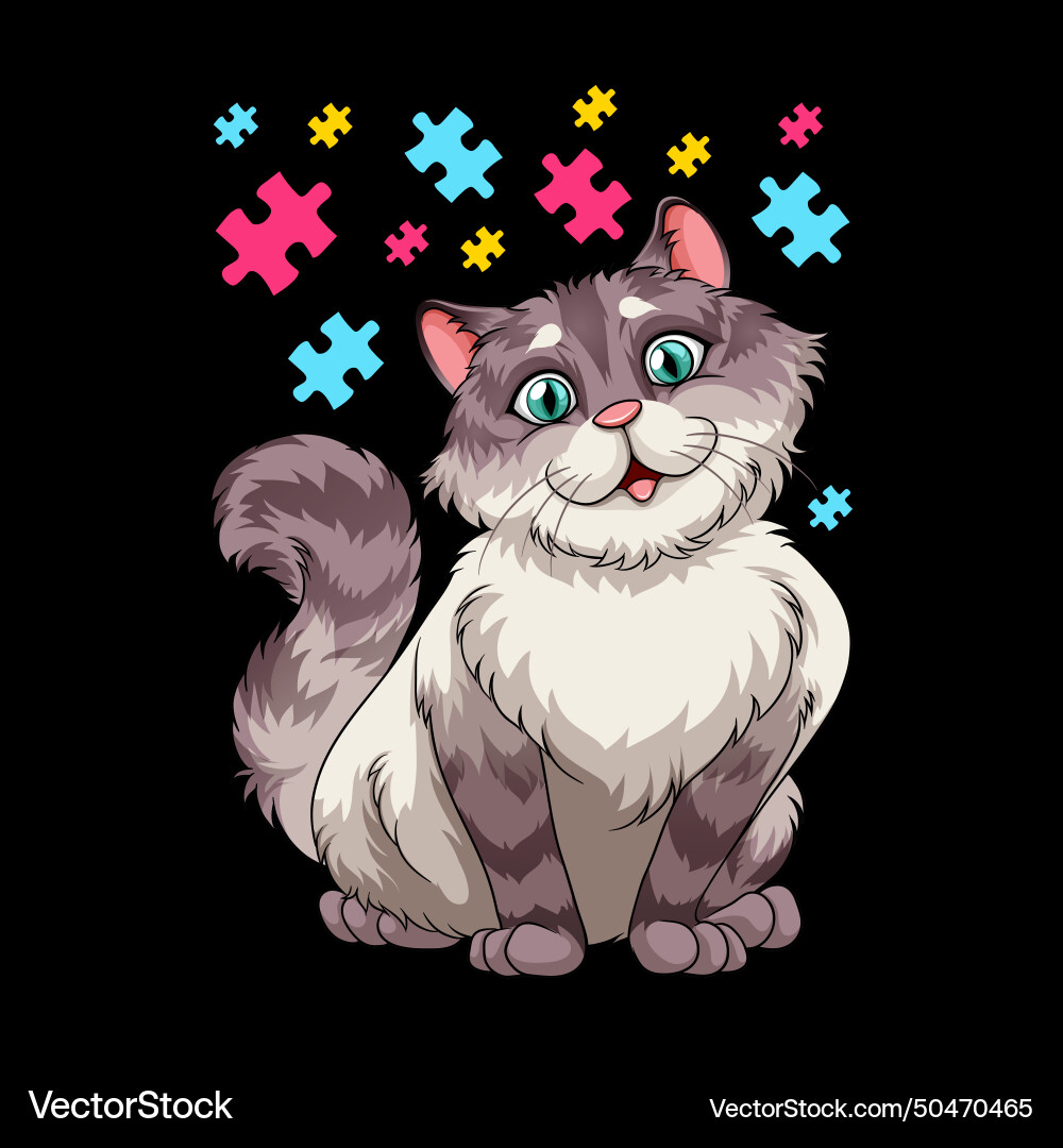 Autism awareness cat with color puzzles Royalty Free Vector