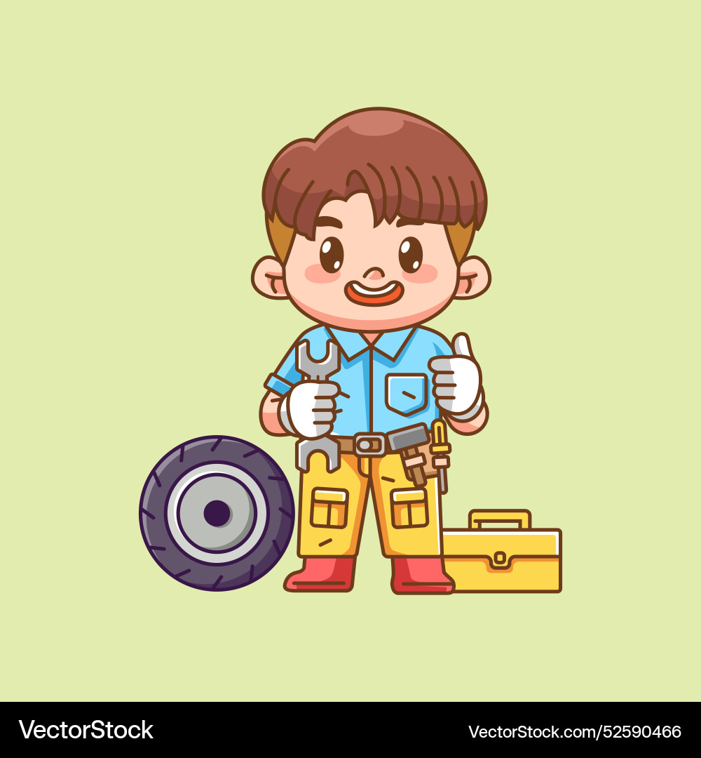 Cute mechanic thumbs with tool at workshop kawaii Vector Image