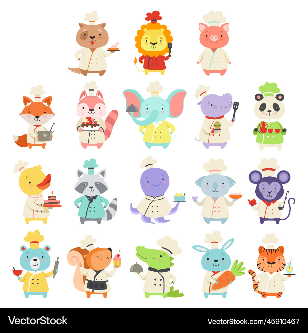 Cute animals in chef uniform cooking delicious Vector Image