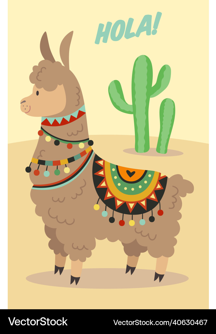 Llama saying hola greeting card with cute Vector Image