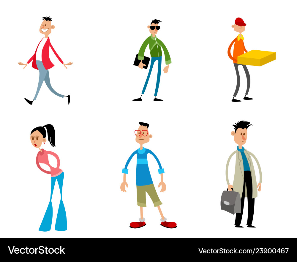 Six trendy funny cartoon characters Royalty Free Vector