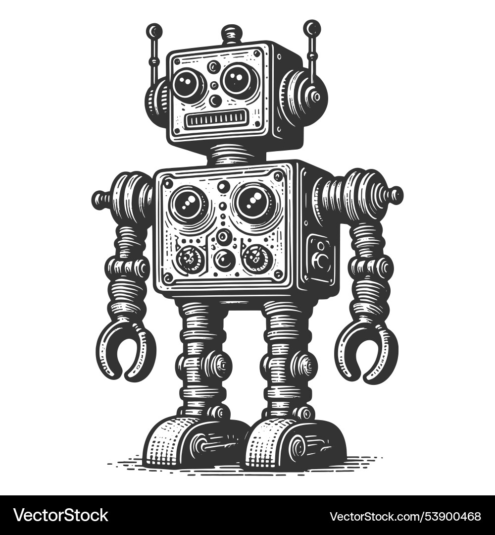 Retro robot mechanical details engraving Vector Image