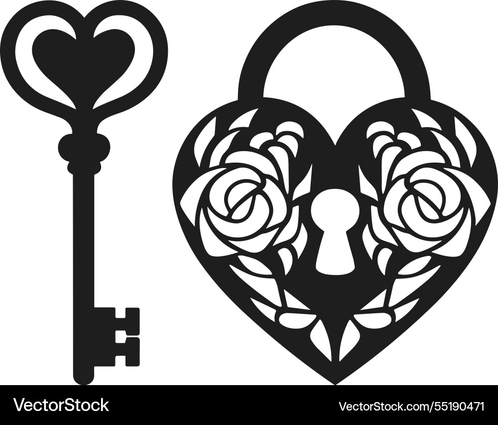 Ornate heart lock and key silhouette Royalty Free Vector