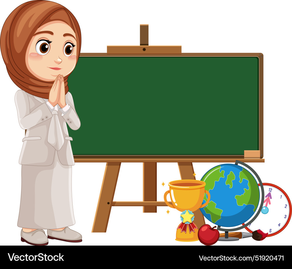 Teacher standing by a chalkboard with supplies Vector Image