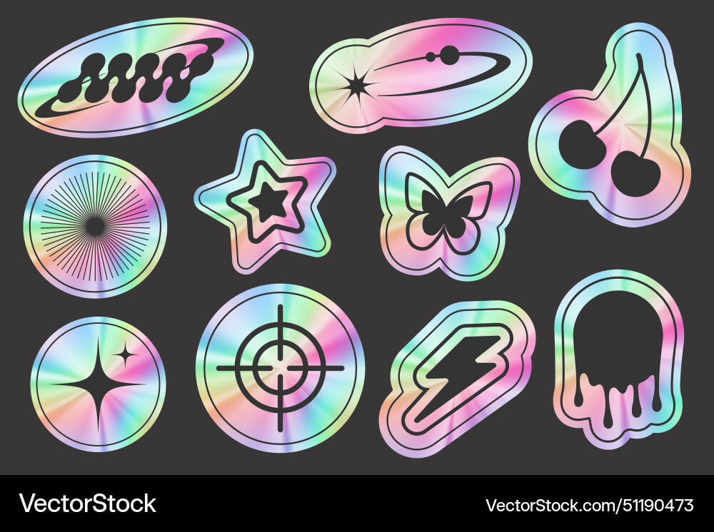 Y2k holographic stickers with realistic gradient Vector Image