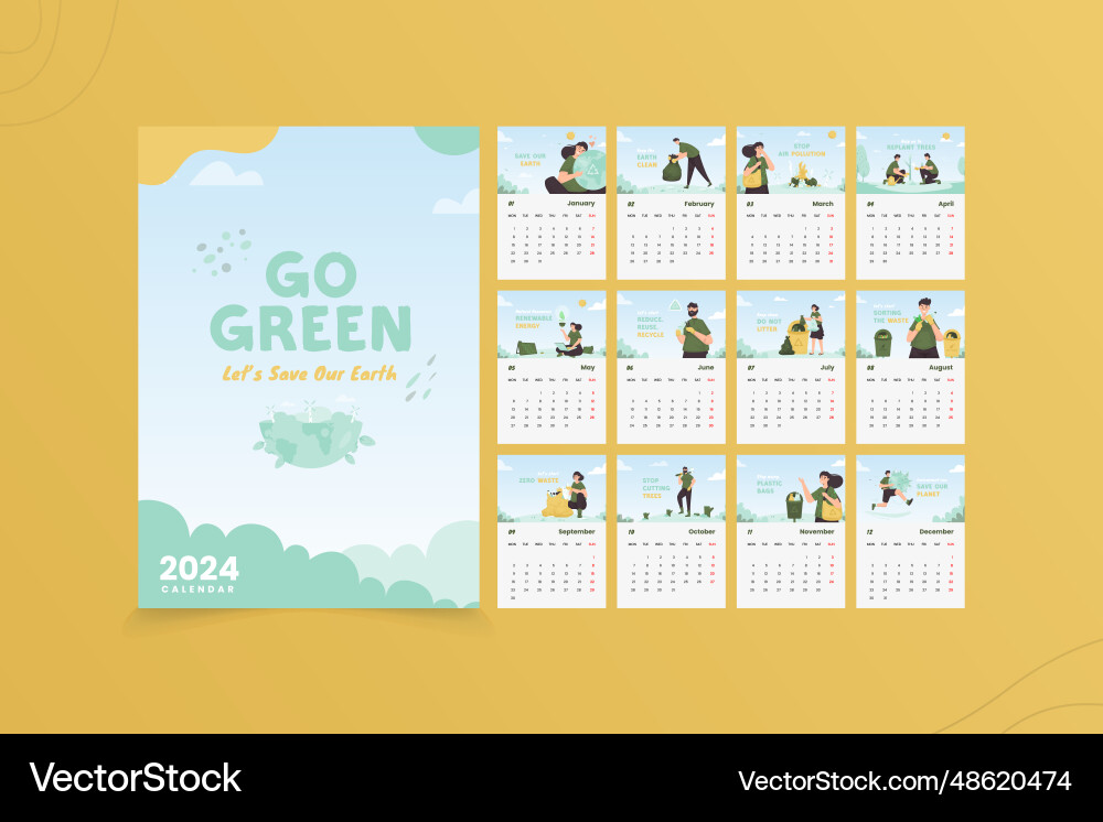 Calendar 2024 go green design template Royalty Free Vector