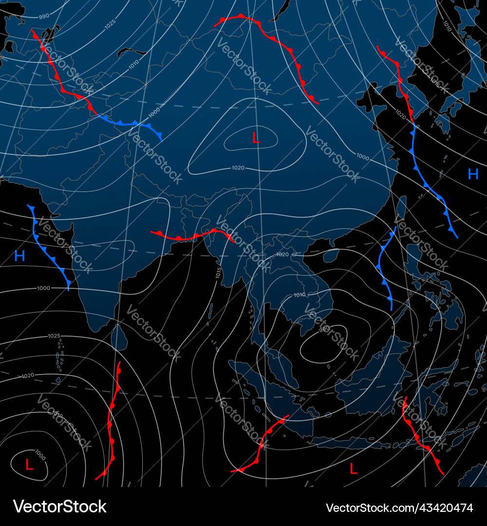 Forecast weather isobar night map of asia Vector Image
