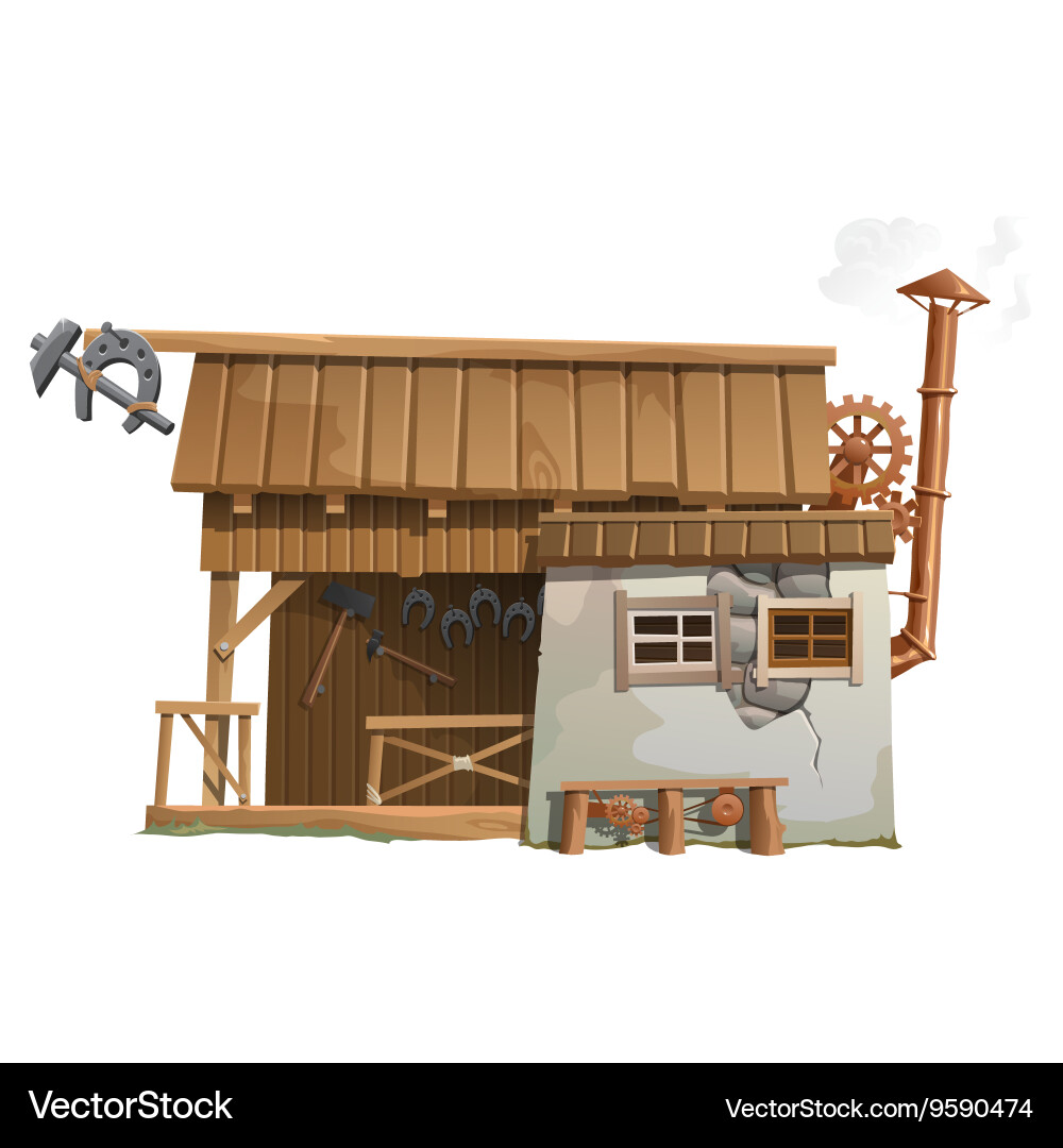 Old wooden forge with tools blacksmith Royalty Free Vector