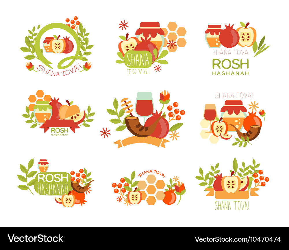 Rosh hashanah bright postcard labels set Vector Image