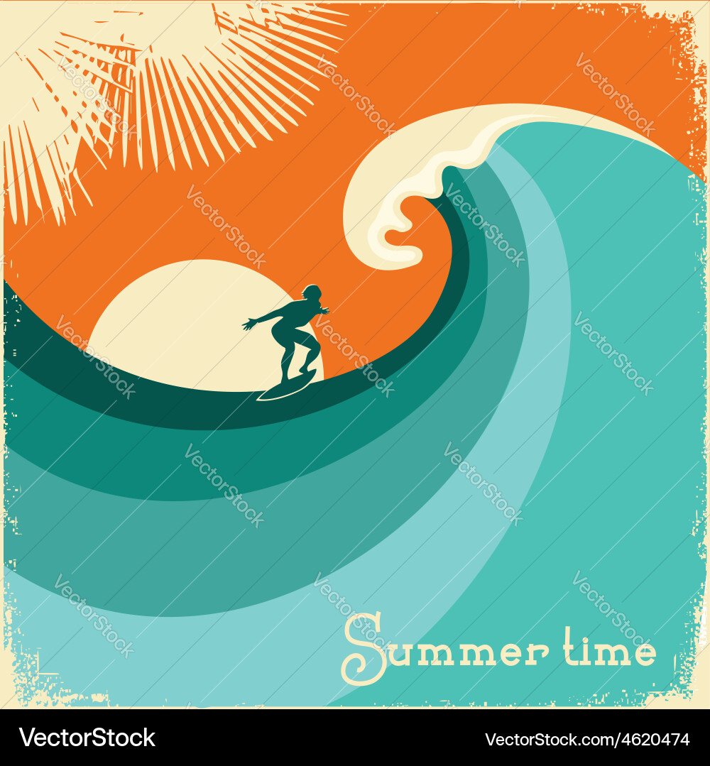 Surfer and sea waveretro poster Royalty Free Vector Image