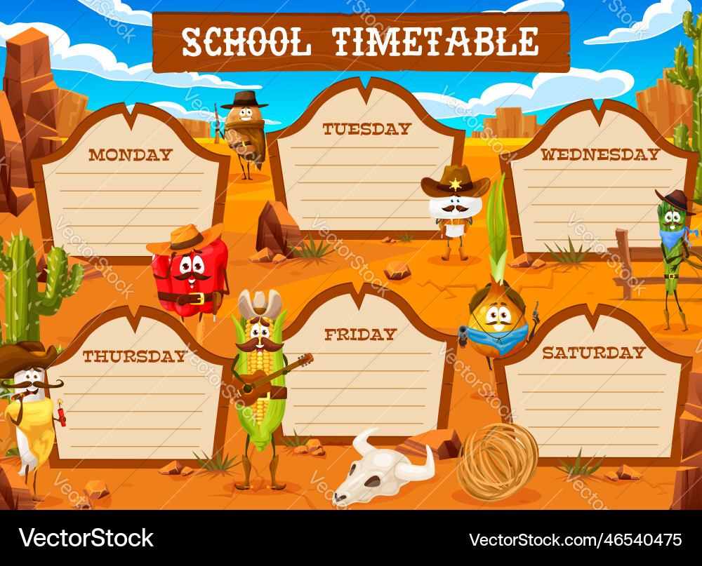 Timetable schedule cartoon cowboy vegetables Vector Image
