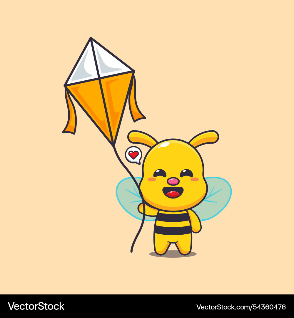 Cute bee playing kite cartoon Royalty Free Vector Image