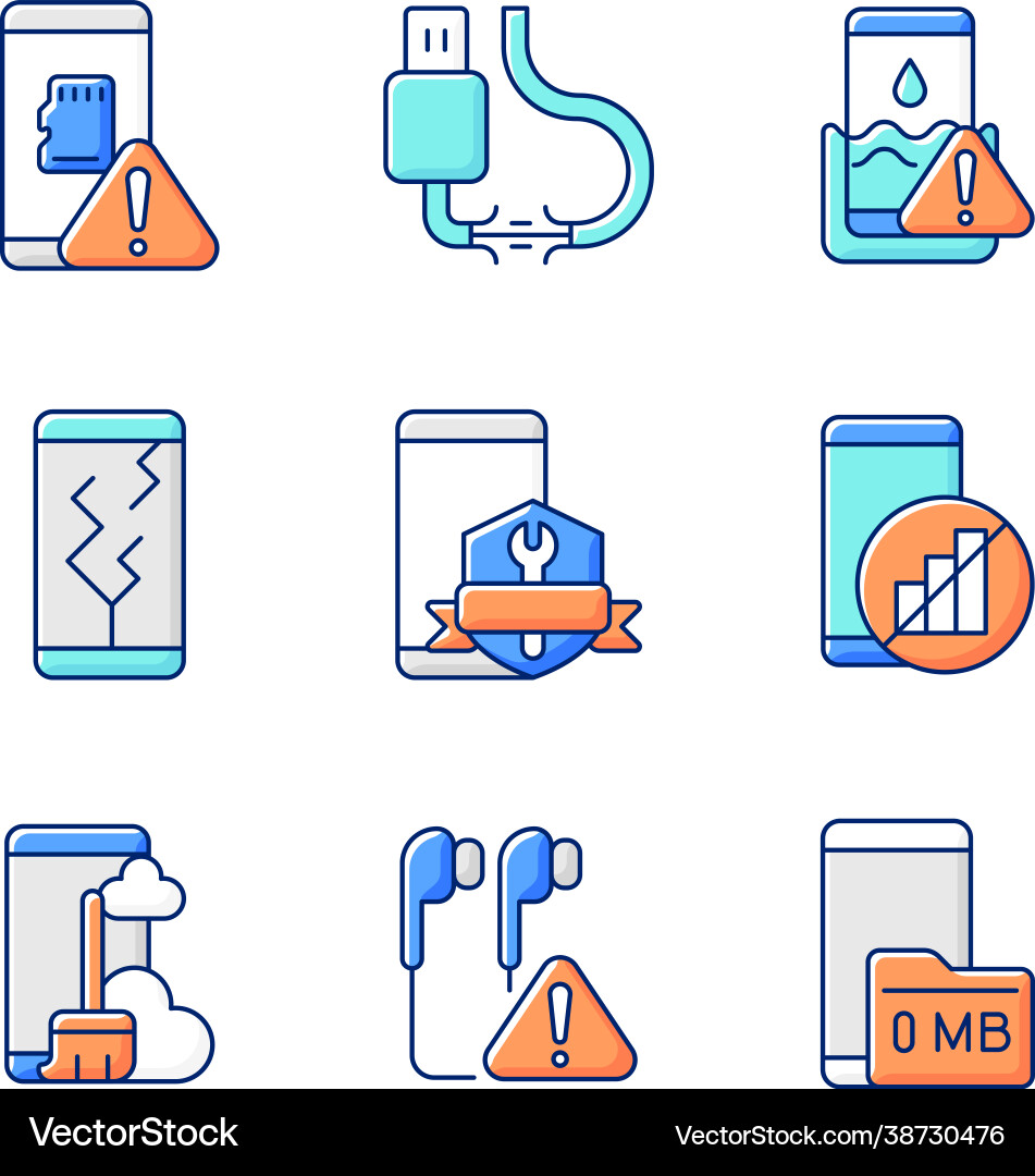 Mobile phone technical issues rgb color icons set Vector Image