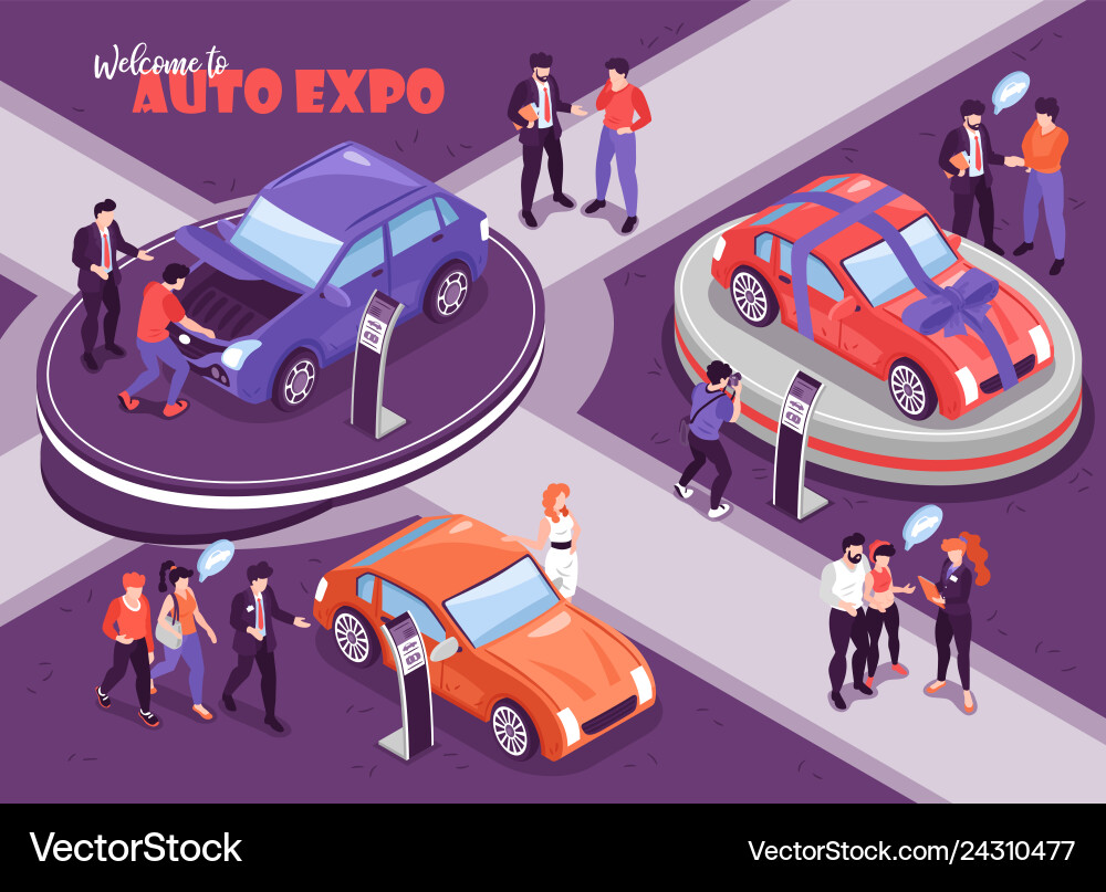 Auto expo isometric composition Royalty Free Vector Image