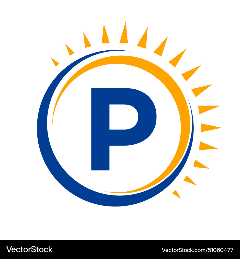 Solar logo on letter p concept with sun icon Vector Image