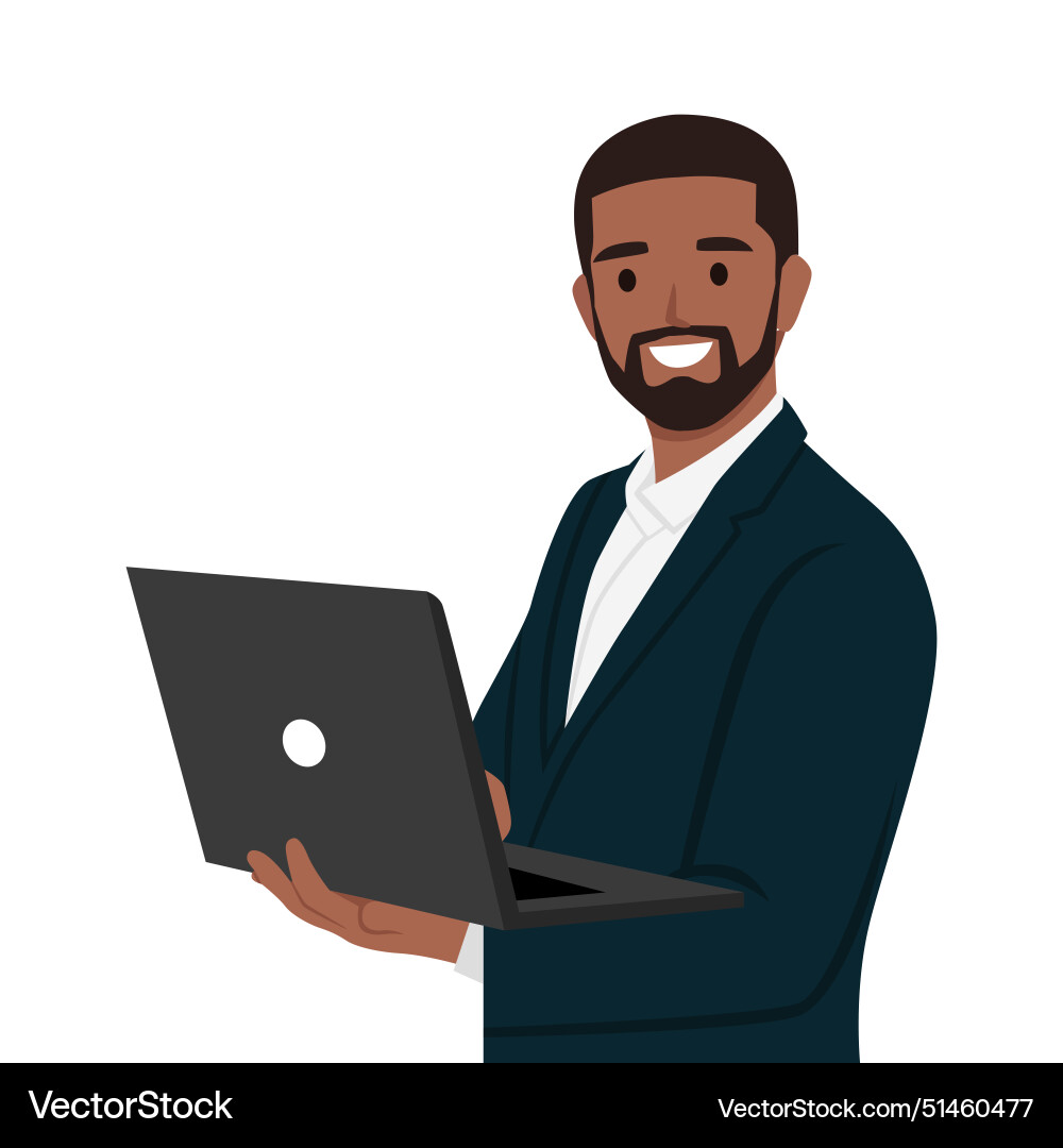 Young bearded business man in suit using laptop Vector Image