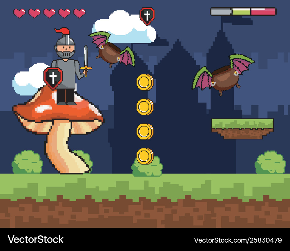 Arcade game world and pixel scene design Vector Image