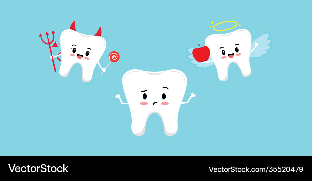 Cute tooth think and devil with angel on its Vector Image