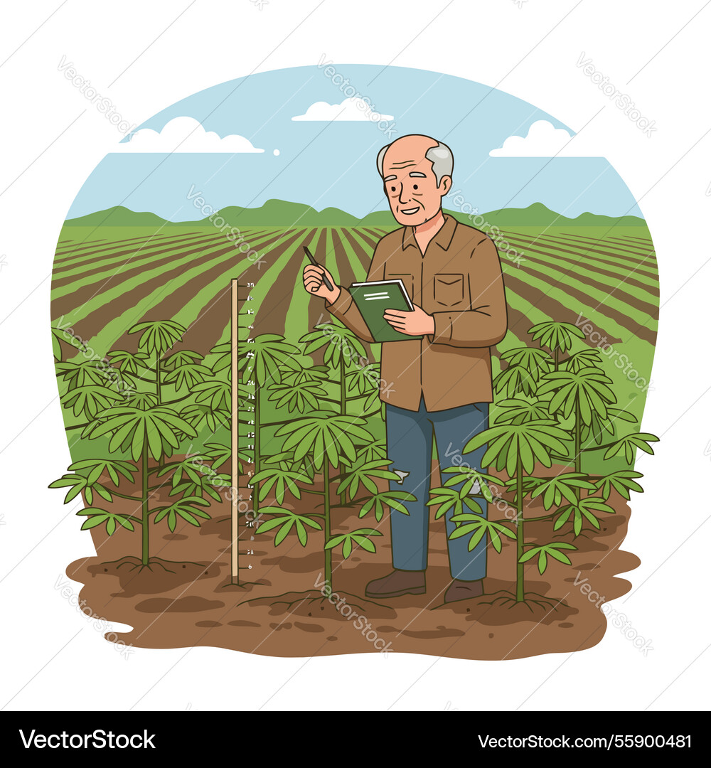 Farmer inspecting crops with measuring stick Vector Image
