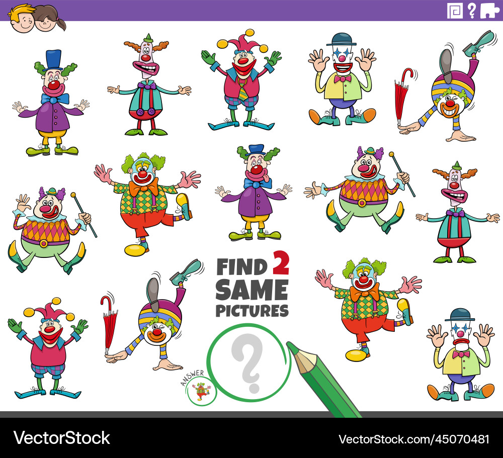 Find two same cartoon clown characters Royalty Free Vector