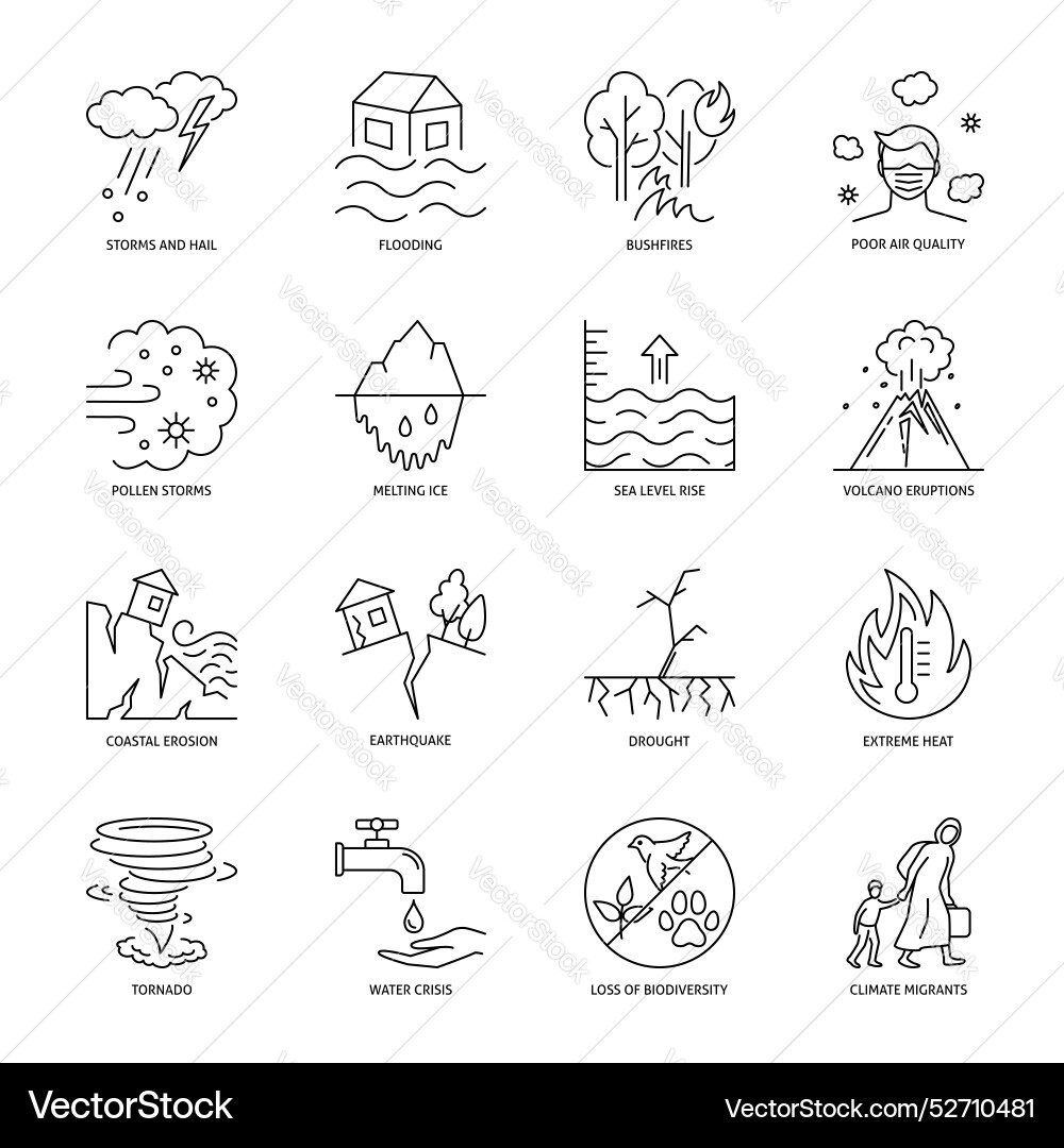 Global warming impact line icon set Royalty Free Vector