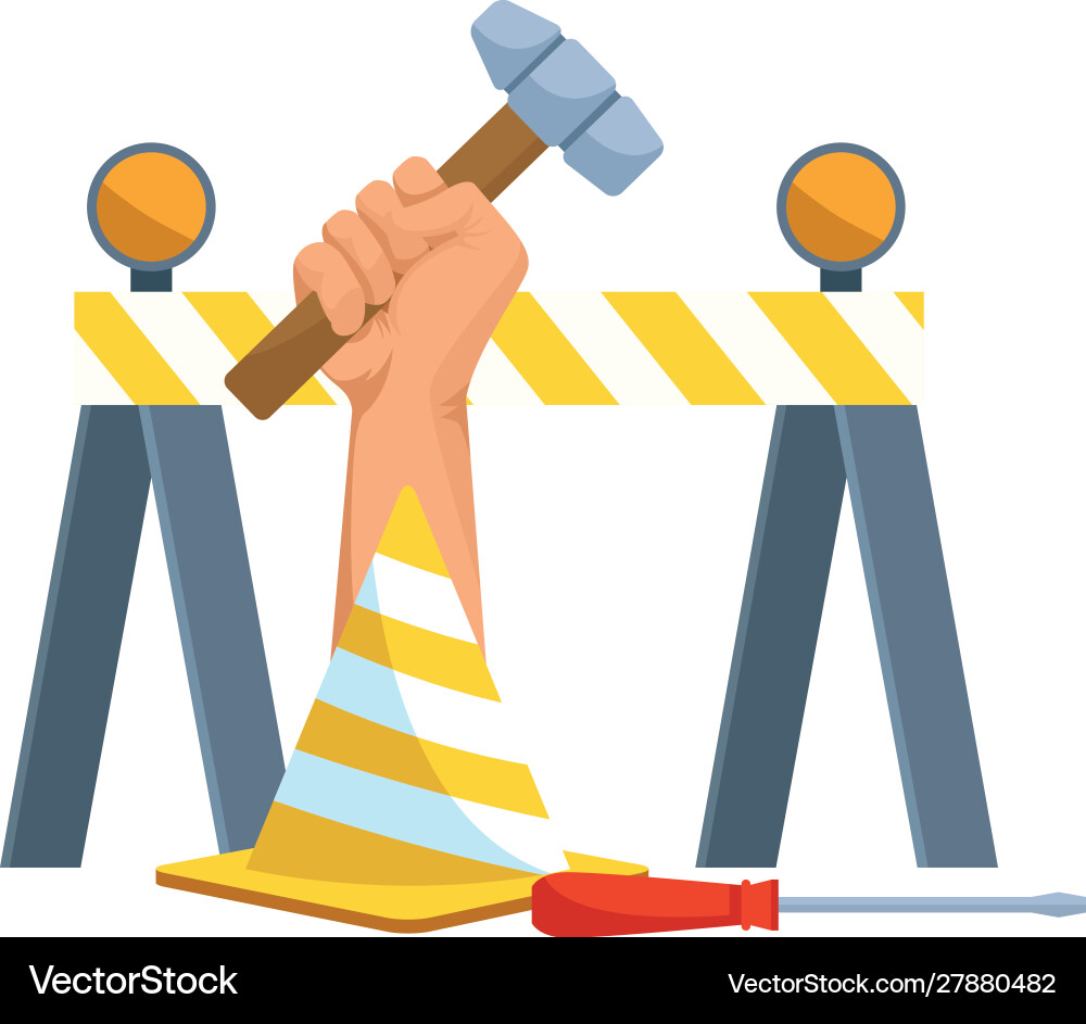 Safety barrier and cone with hammer Royalty Free Vector
