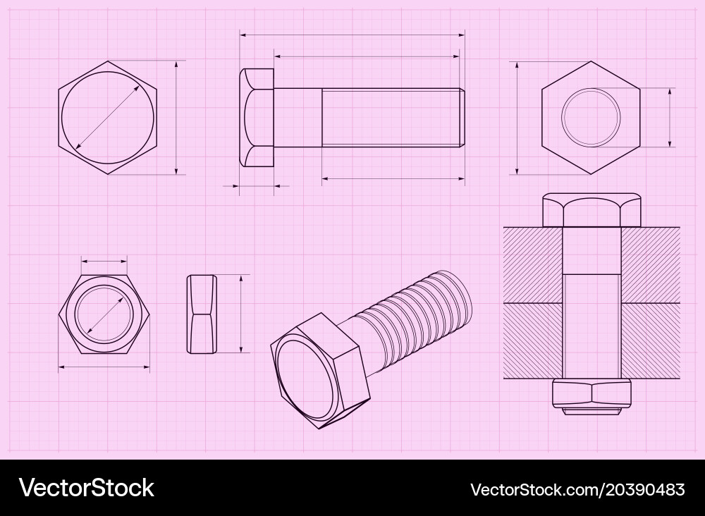 Bolt technical drawing on pink draft paper Vector Image