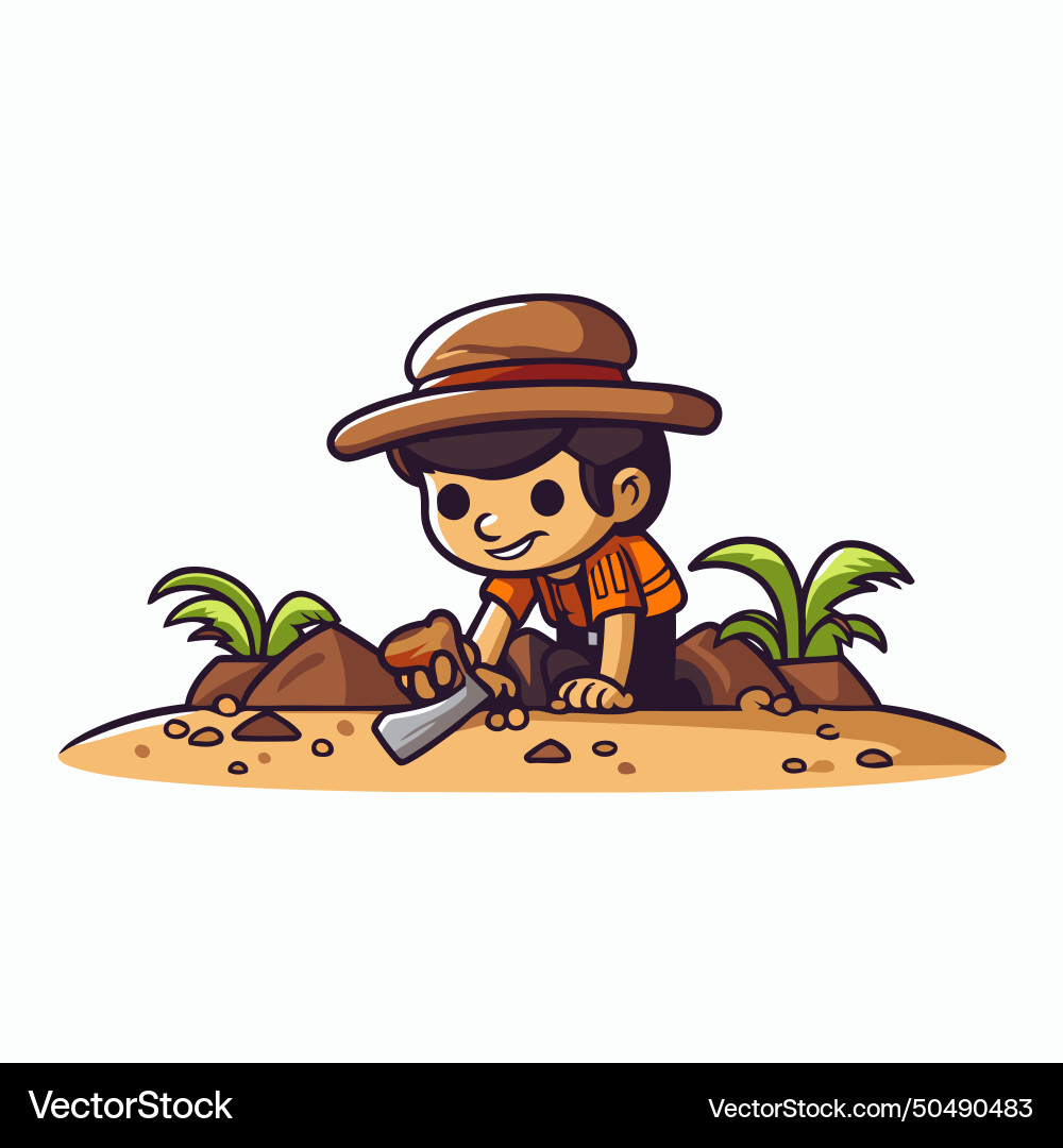 Cute boy digging a hole in the sand Royalty Free Vector