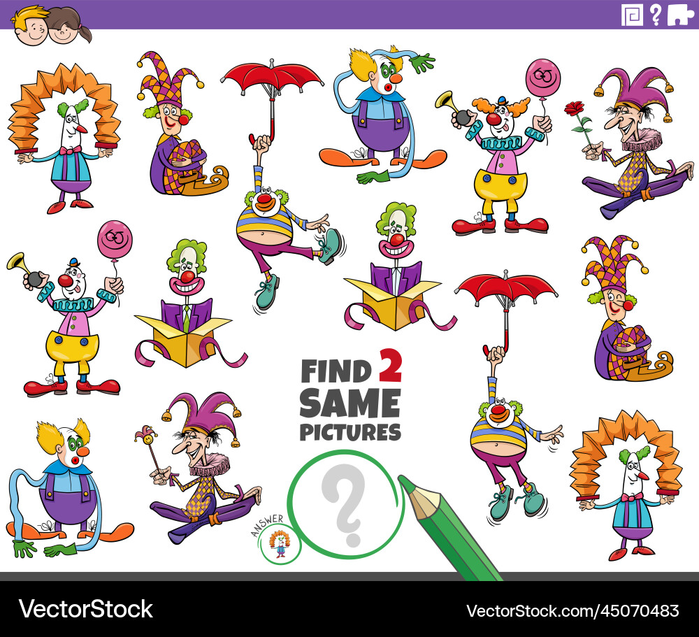 Find two same cartoon clowns characters Royalty Free Vector