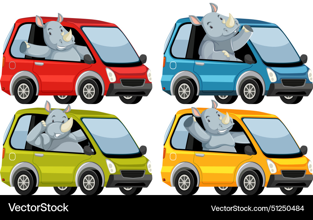 Four elephants in various colored cars Royalty Free Vector