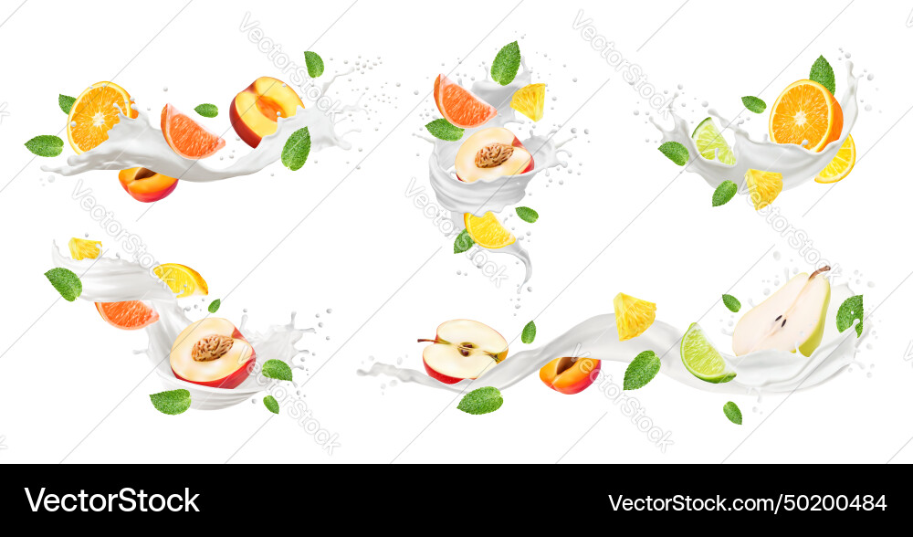 Realistic milk wave splash and fruits with mint Vector Image