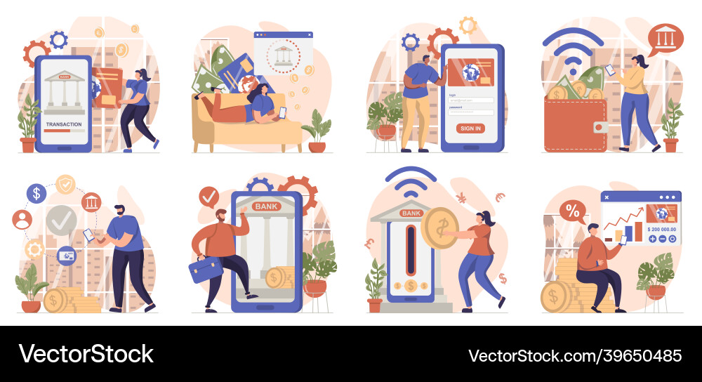 Mobile banking collection of scenes isolated Vector Image
