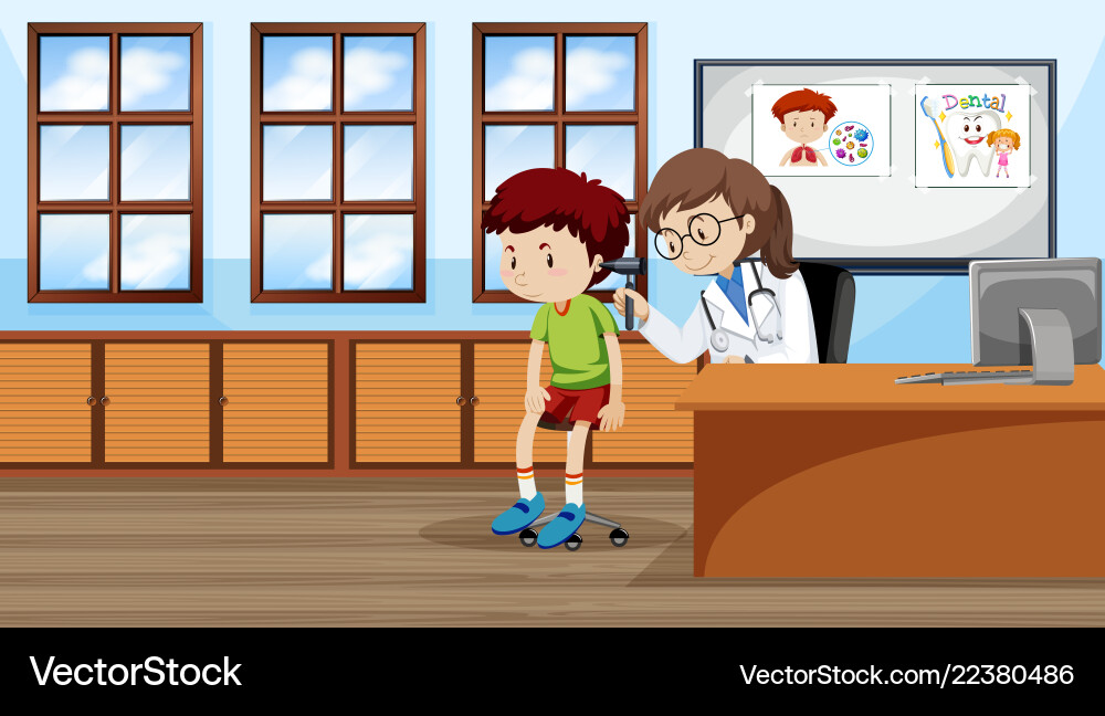 A boy checking ear with doctor Royalty Free Vector Image