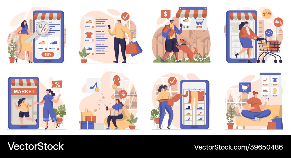 Mobile commerce collection of scenes isolated Vector Image