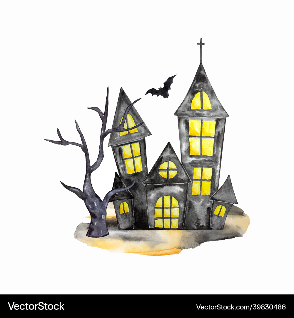 Watercolor Haunted House Halloween Royalty Free Vector Image