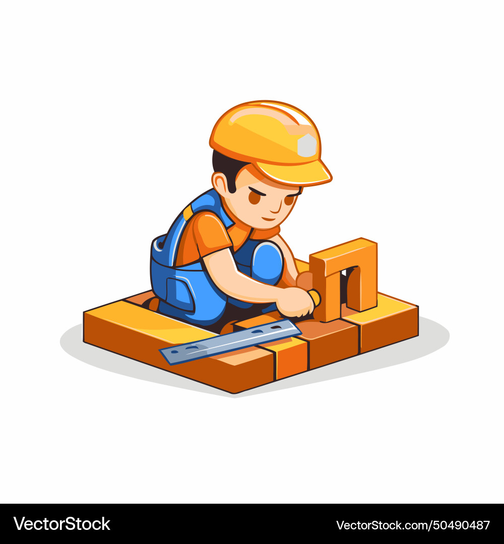 Cartoon worker building a brick wall isolated Vector Image