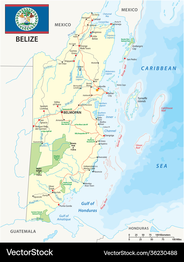 Belize Road & National Park Map Royalty Free Vector