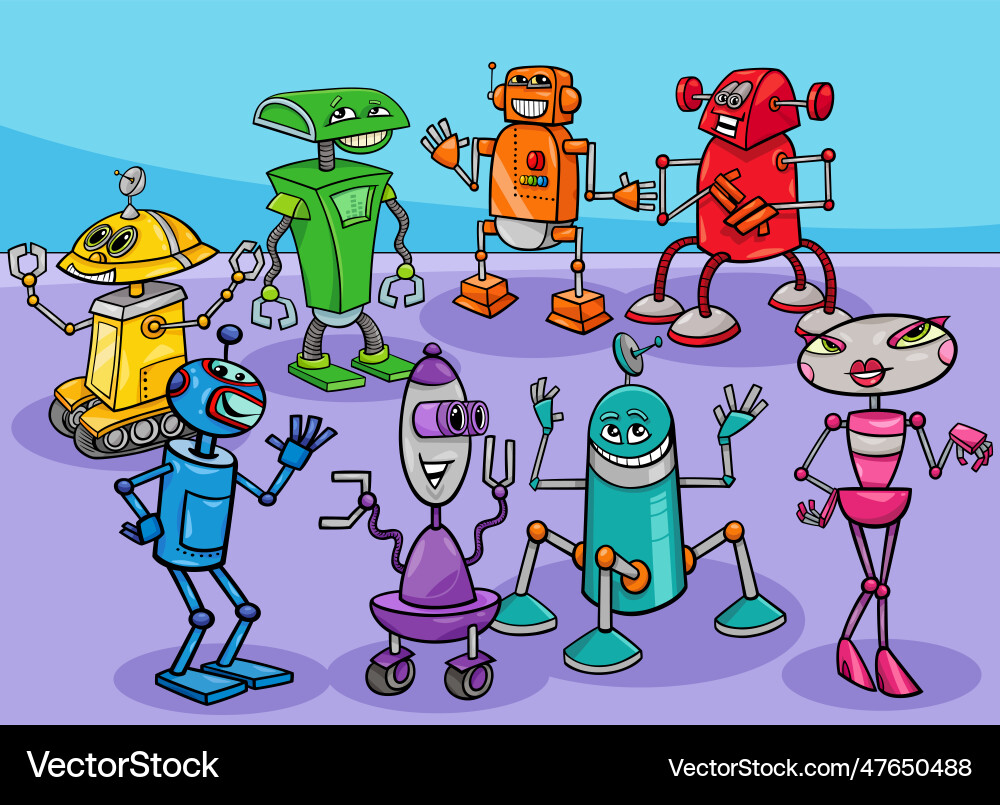 Cartoon colorful robots and droids characters Vector Image