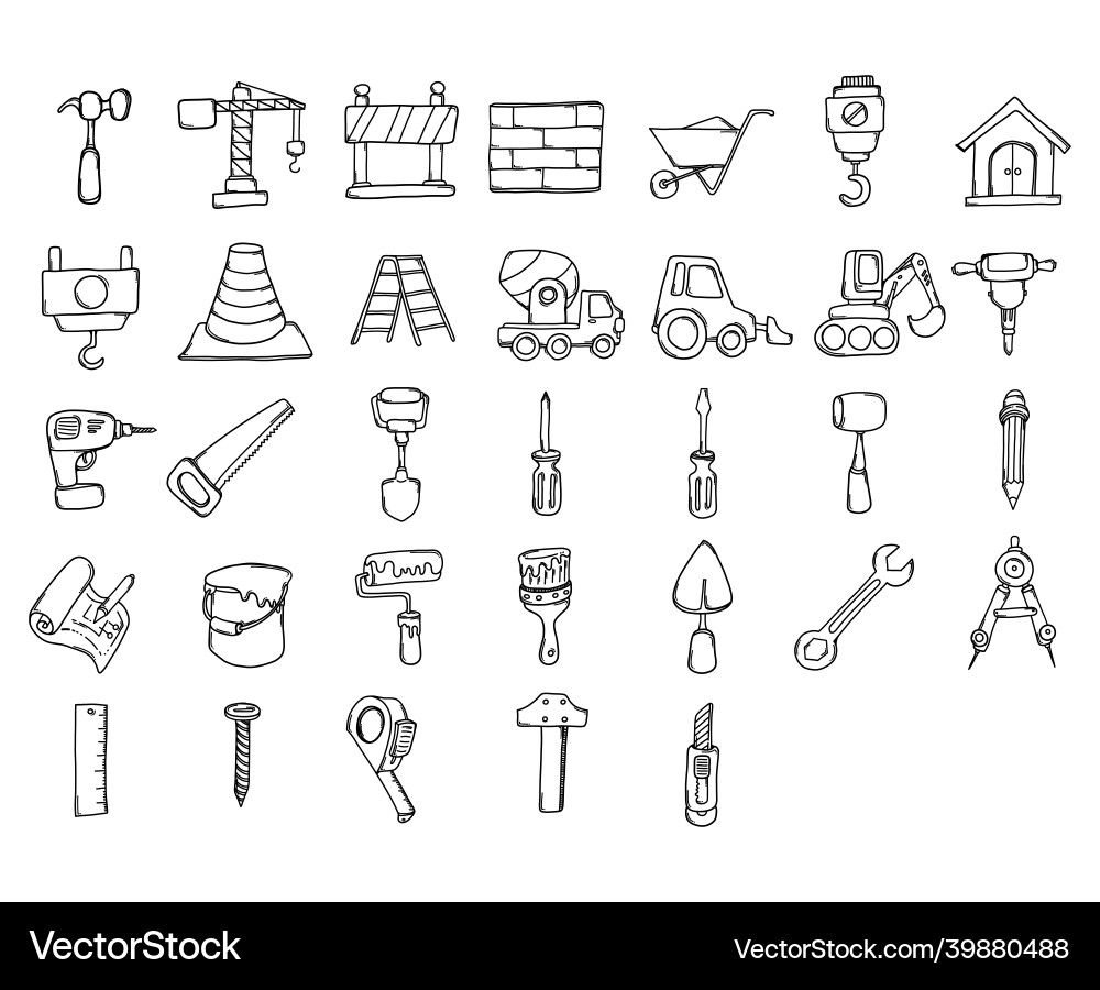 Construction doodle icon set drawing sketch Vector Image