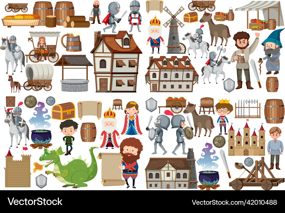 Medieval characters buildings set Royalty Free Vector Image